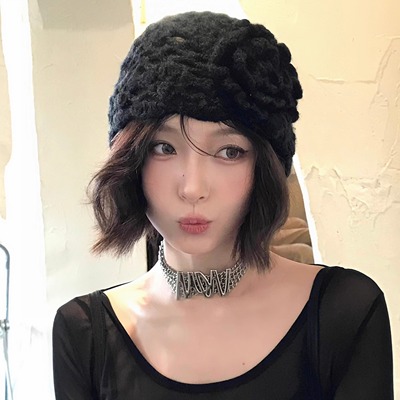 韩系ins新款简约氛围感立体花朵镂空针织帽女慵懒风冷帽毛线帽子