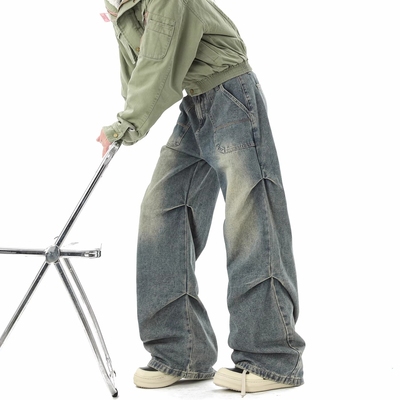侧边皱褶工装牛仔裤水洗做旧美式复古潮牌欧美街头裤子直筒休闲裤