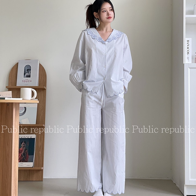 刺绣花边开衫韩国Public republic 睡衣女甜美纯棉简约家居服套装