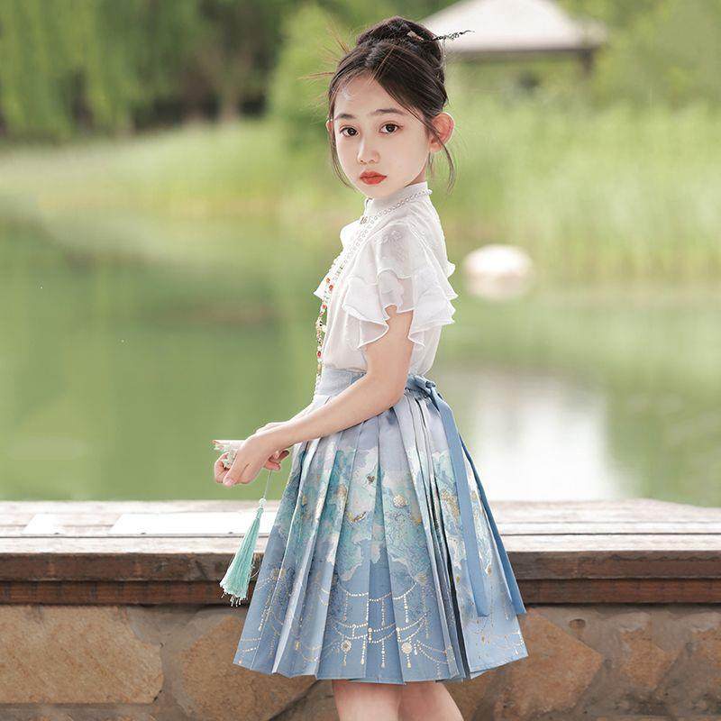 女童马面夏季短袖套装新款儿童中国古风汉服半身裙小女孩明制唐装_虎窝淘