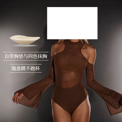 黑暗荣耀连体衣超长袖细闪露肩黑丝上衣heels显腿长舞蹈穿