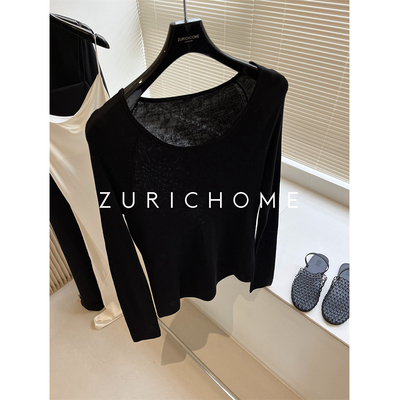 优雅天鹅黑大圆领真丝针织上衣