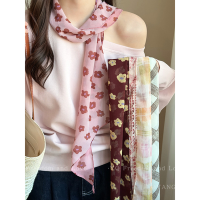 穿搭灵感！粉色细长条系脖丝巾女士2026新款春季薄款飘带衬衫配饰