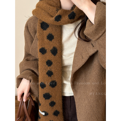 撞色波点毛线针织围巾女冬季2025新款加厚保暖百搭高级感软糯围脖