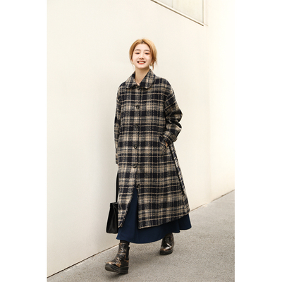 apa studio藏青格纹复古夹棉大衣女秋冬新款中长款过膝呢子外套女