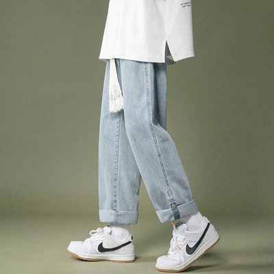 春秋季卷边牛仔裤男款松紧腰宽松直筒裤子复古潮流百搭阔腿老爹裤