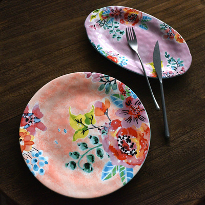 法式手绘釉下彩大盘陶瓷手捏肌理