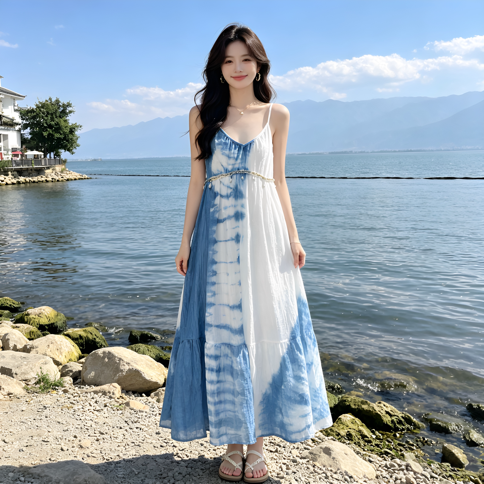民族风扎染吊带长裙女夏季雪纺b领连衣裙长款海边度假显瘦沙滩裙