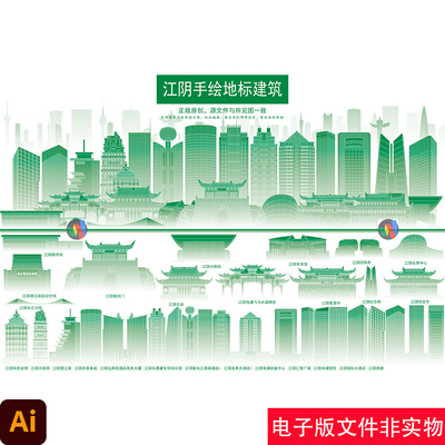 江苏江阴手绘地标建筑江阴标志性建筑线稿江阴城市宣传背景AI素材