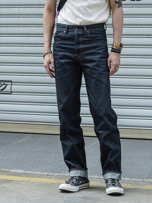 钮扣长原色赤耳丹宁牛仔长裤养牛