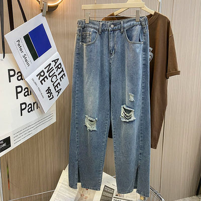 大码女装胖mm高腰直筒阔腿牛仔裤