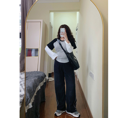 大码女装胖mm高腰直筒阔腿牛仔裤