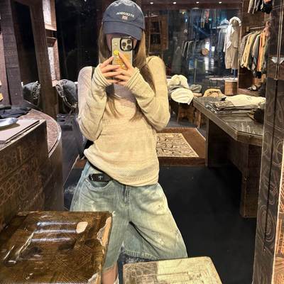 JAMUUS慵懒风燕麦杏镂空提花羊毛罩衫秋季薄款显瘦针织长袖T恤女