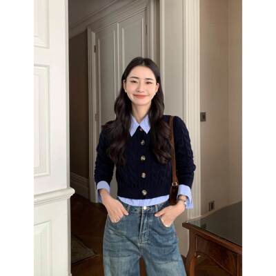 pusumede 麻花毛衣开衫女外穿短款圆领复古休闲气质打底针织上衣