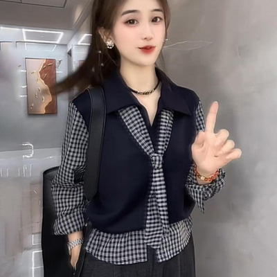 港风复古格纹假两件马甲拼接衬衫