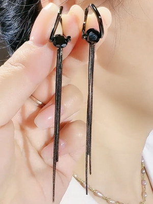 银针黑色水晶流苏耳环