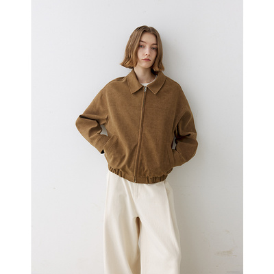 复古麂皮感短绒拉链休闲夹克外套