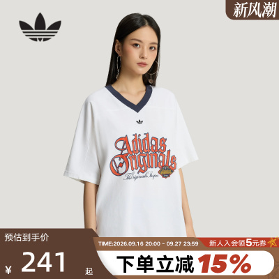 阿迪达斯三叶草V领橄榄球风大号oversized半袖夏女短袖T恤 KT3062