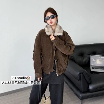 雪尼尔羽绒内胆小个子翻领短外套