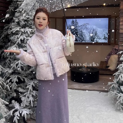 新中式立领水貂毛拼接羽绒服女