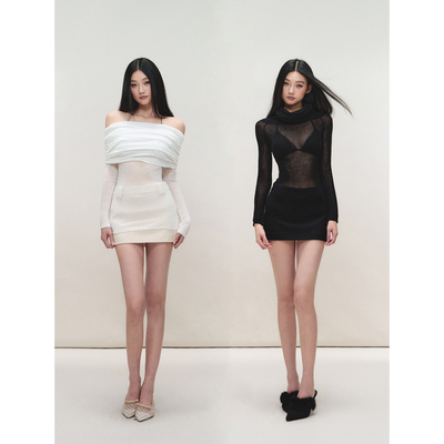 PEMPL·短款羊毛修身包臀毛呢半身裙一字肩修身长袖微透针织上衣