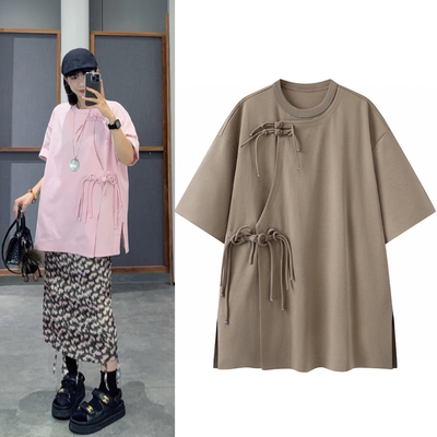 2025夏季新款复古新中式盘扣流苏圆领短袖T恤女宽松休闲上衣