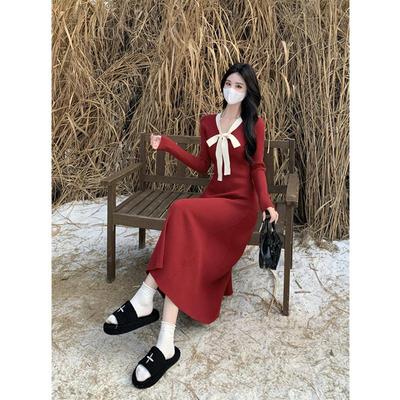 法式红色针织连衣裙修身显瘦