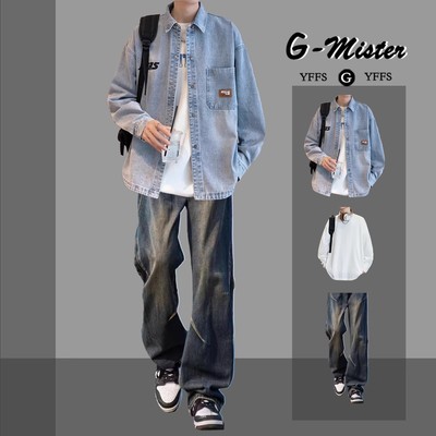 牛仔衬衫套装男生春秋款休闲潮流