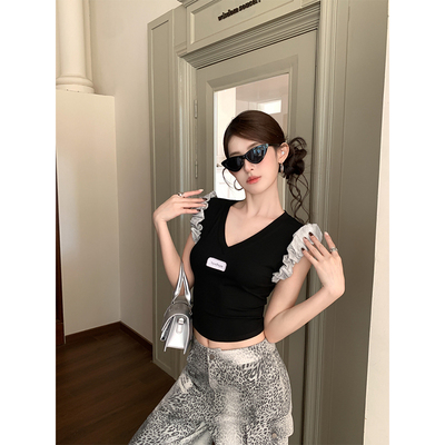 美式辣妹撞色拼接v领针织背心