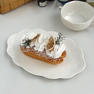 轻奢浮雕蝴蝶花边椭圆陶瓷盘点心盘高级感家用早餐酸奶燕麦双耳碗