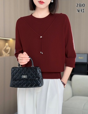 2026早春新款针织衫圆领蝴蝶结七分袖镂空设计感洋气宽松百搭打底