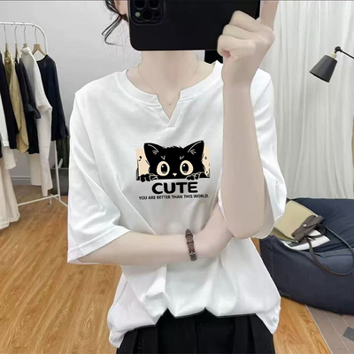 2026新款纯棉V领短袖t恤女装春夏小众百搭大码宽松显瘦打底衫上衣