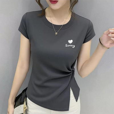 夏季新款正肩不规则圆领扭结短袖t恤时尚洋气修身体恤衫开叉上衣