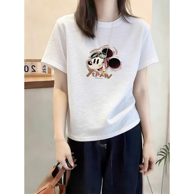 2026夏季新款雪花棉圆领t恤短袖女洋气休闲印花大码宽松薄款上衣