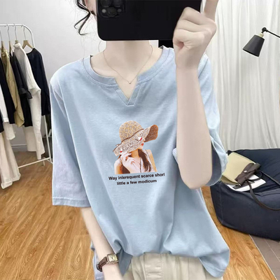 夏季新款纯棉V领短袖t恤女装小众时尚通勤大码宽松显瘦打底衫上衣