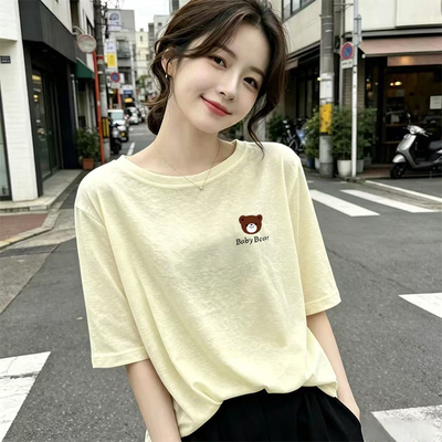 淡黄色雪花棉圆领短袖t恤女夏季新款洋气大码宽松显瘦打底衫上衣