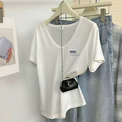 夏季新款V领雪花棉短袖t恤女减龄休闲印花宽松胖mm微透体恤衫上衣