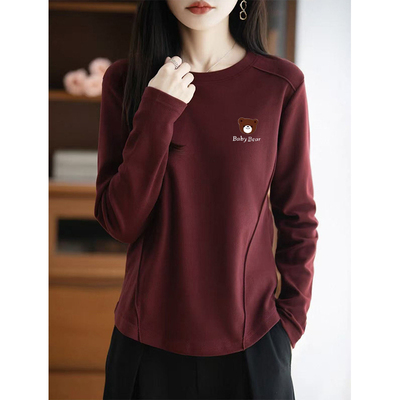 德绒保暖磨毛圆领长袖T恤秋冬新款洋气百搭修身打底衫酒红色上衣
