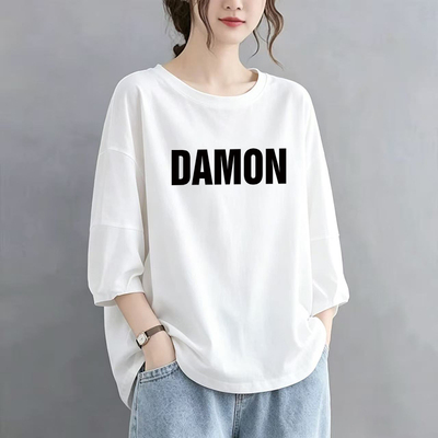 2026夏季新款纯棉圆领七分袖t恤女时尚减龄胖mm大码宽松印花上衣