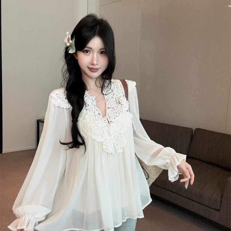 2026夏季新款法式洋气蕾丝雪纺喇叭袖小衫女V领衬衫吊带两件套