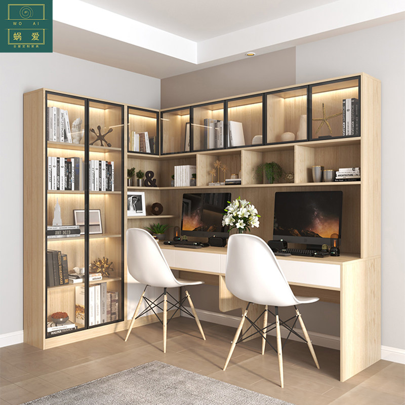 北欧简约书柜书桌一体组合可定制收纳书柜书架转角桌柜玻璃门书架_虎窝淘