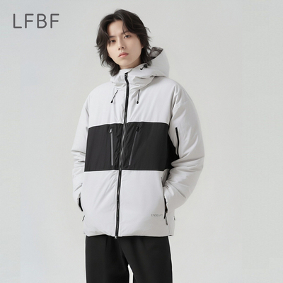 LFBF户外机能风撞色拼接羽绒服男连帽防水长款宽松冲锋衣外套
