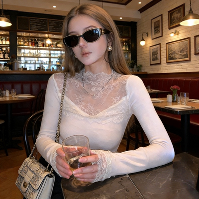 中式醋酸羊毛拼接蕾丝针织打底衫