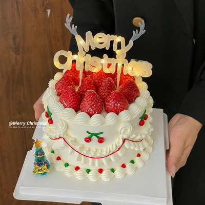 2025圣诞节草莓蛋糕装饰摆件鹿角MerryChristmas发光灯牌装扮插件