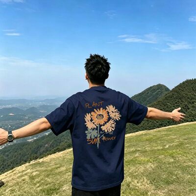 重磅纯棉藏青宽松透气向日葵T恤