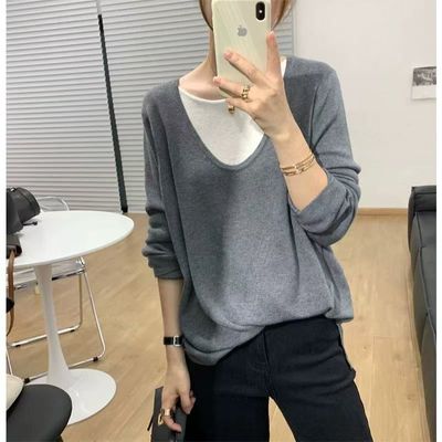 撞色拼接假两件套头毛衣女秋新款宽松显瘦百搭休闲针织衫特0.21