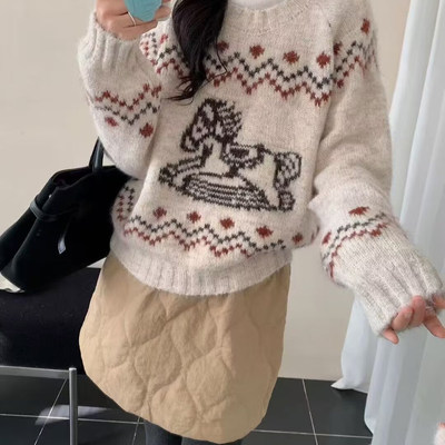 拼色圆领套头毛衣秋冬新宽松显瘦百搭休闲软糯针织打底衫汪0.57