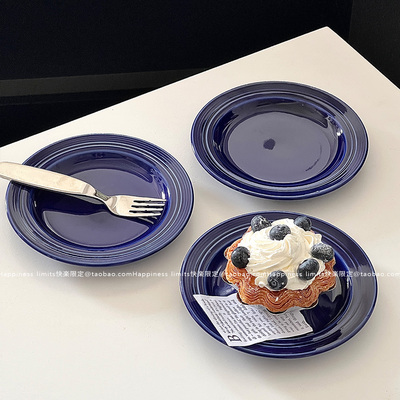 INS博主款韩式克莱因蓝色圆形甜品盘陶瓷小碟子拍照点心牛排盘子