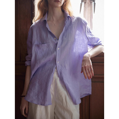 砂洗亚麻衬衫女长袖薄款宽松