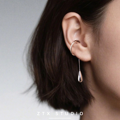 ZTX 极简水滴流苏耳骨夹小众独特银色无耳洞耳饰日常百搭气质耳夹